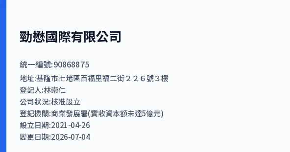 勁懋國際有限公司的照片-統編 90868875(基隆市) 公司登記資料與營業項目詳細圖表