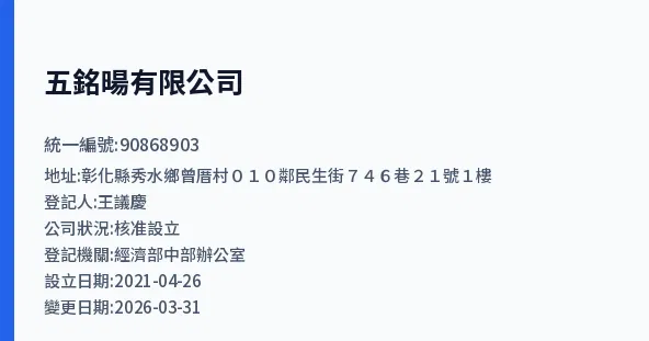 五銘暘有限公司的照片-統編 90868903(彰化縣) 公司登記資料與營業項目詳細圖表