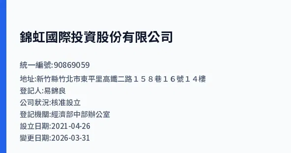 錦虹國際投資股份有限公司的照片-統編 90869059(新竹縣) 公司登記資料與營業項目詳細圖表