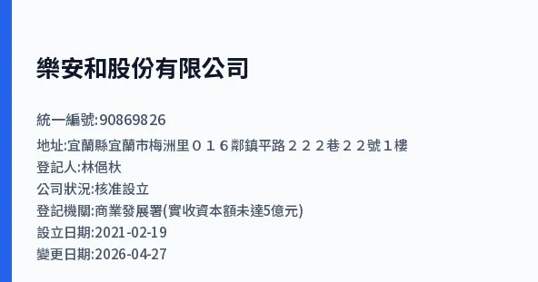 樂安和股份有限公司的照片-統編 90869826(宜蘭縣) 公司登記資料與營業項目詳細圖表