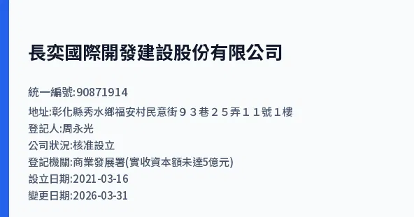 長奕國際開發建設股份有限公司的照片-統編 90871914(彰化縣) 公司登記資料與營業項目詳細圖表