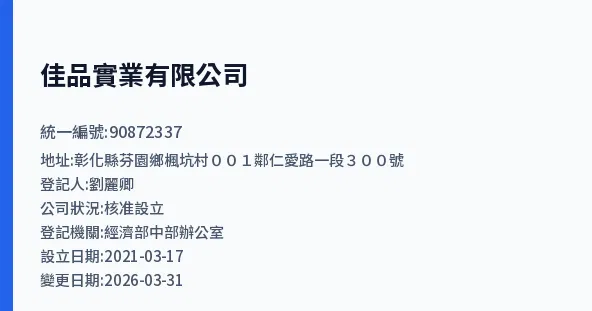 佳品實業有限公司的照片-統編 90872337(彰化縣) 公司登記資料與營業項目詳細圖表