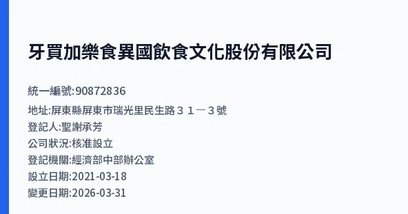 牙買加樂食異國飲食文化股份有限公司的照片-統編 90872836(屏東縣) 公司登記資料與營業項目詳細圖表