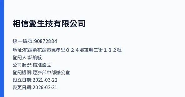 相信愛生技有限公司的照片-統編 90872884(花蓮縣) 公司登記資料與營業項目詳細圖表