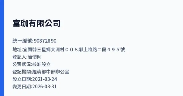 富珈有限公司的照片-統編 90872890(宜蘭縣) 公司登記資料與營業項目詳細圖表