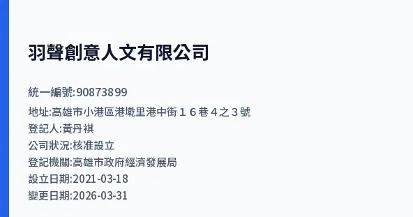 羽聲創意人文有限公司的照片-統編 90873899(高雄市) 公司登記資料與營業項目詳細圖表