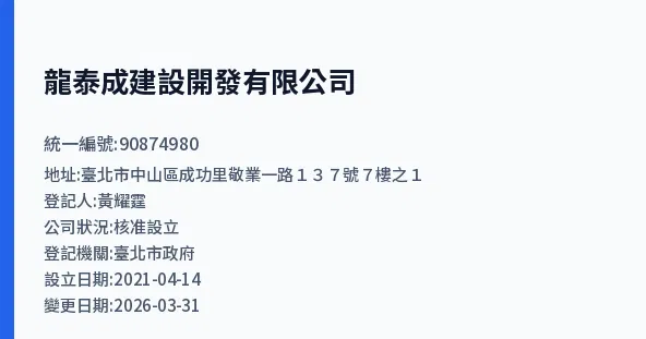 龍泰成建設開發有限公司的照片-統編 90874980(臺北市) 公司登記資料與營業項目詳細圖表