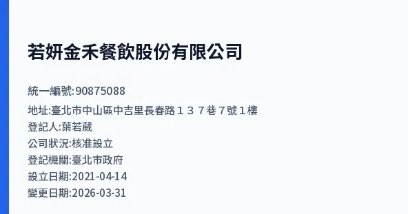 若妍金禾餐飲股份有限公司的照片-統編 90875088(臺北市) 公司登記資料與營業項目詳細圖表