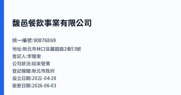 馥邑餐飲事業有限公司的照片-統編 90876869(新北市) 公司登記資料與營業項目詳細圖表