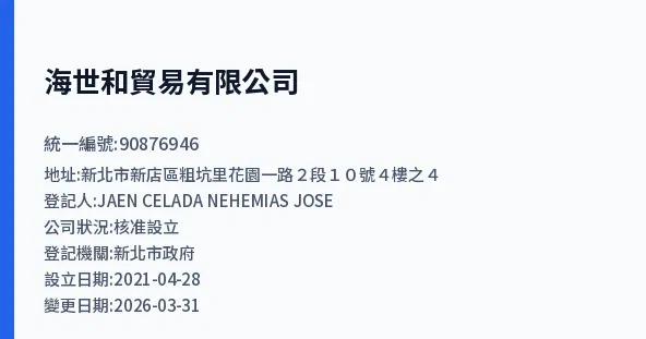 海世和貿易有限公司的照片-統編 90876946(新北市) 公司登記資料與營業項目詳細圖表