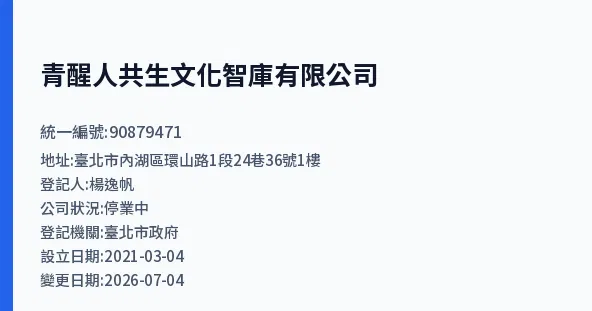 青醒人共生文化智庫有限公司的照片-統編 90879471(臺北市) 公司登記資料與營業項目詳細圖表