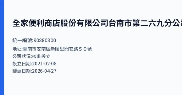 全家便利商店股份有限公司台南市第二六九分公司的照片-統編 90880300(臺南市) 公司登記資料與營業項目詳細圖表