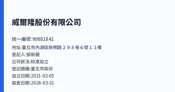 威爾隆股份有限公司的照片-統編 90881841(臺北市) 公司登記資料與營業項目詳細圖表