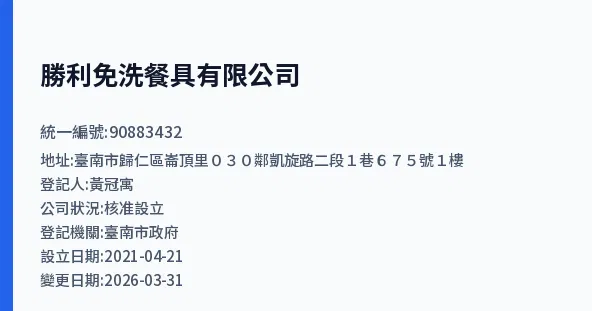 勝利免洗餐具有限公司的照片-統編 90883432(臺南市) 公司登記資料與營業項目詳細圖表