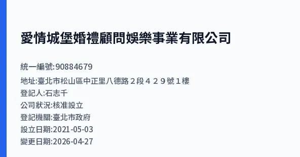 愛情城堡婚禮顧問娛樂事業有限公司的照片-統編 90884679(臺北市) 公司登記資料與營業項目詳細圖表