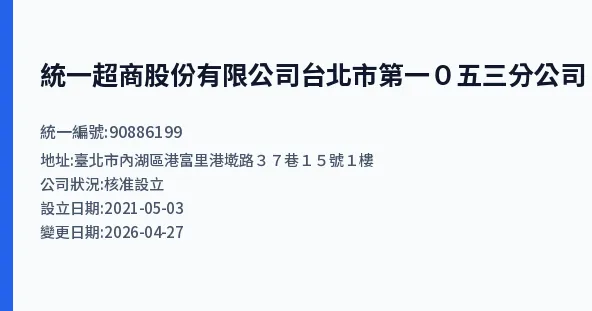 統一超商股份有限公司台北市第一0五三分公司的照片-統編 90886199(臺北市) 公司登記資料與營業項目詳細圖表