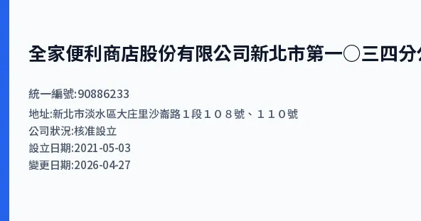 全家便利商店股份有限公司新北市第一○三四分公司的照片-統編 90886233(新北市) 公司登記資料與營業項目詳細圖表