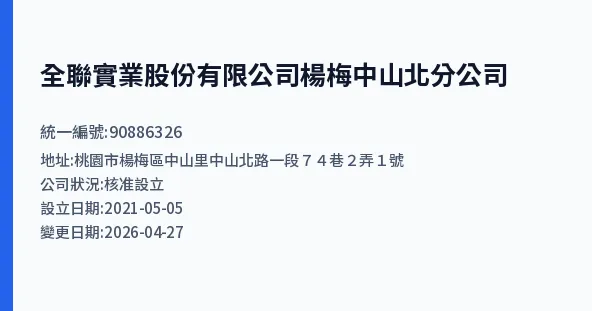 全聯實業股份有限公司楊梅中山北分公司的照片-統編 90886326(桃園市) 公司登記資料與營業項目詳細圖表