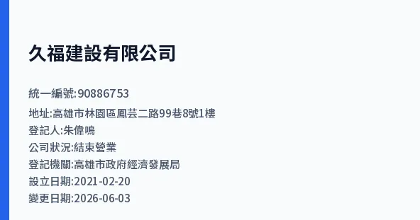 久福建設有限公司的照片-統編 90886753(高雄市) 公司登記資料與營業項目詳細圖表