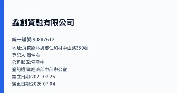 鑫創資融有限公司的照片-統編 90887612(屏東縣) 公司登記資料與營業項目詳細圖表