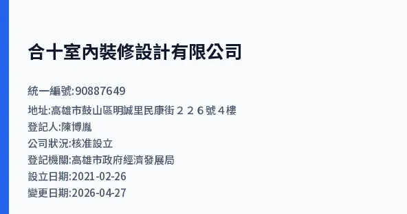 合十室內裝修設計有限公司的照片-統編 90887649(高雄市) 公司登記資料與營業項目詳細圖表