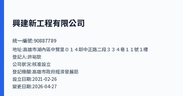 興建新工程有限公司的照片-統編 90887789(高雄市) 公司登記資料與營業項目詳細圖表