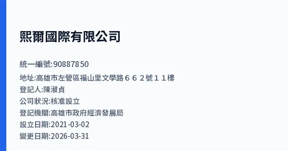 熙爾國際有限公司的照片-統編 90887850(高雄市) 公司登記資料與營業項目詳細圖表