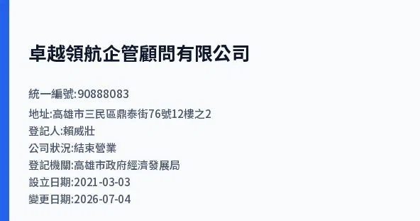 卓越領航企管顧問有限公司的照片-統編 90888083(高雄市) 公司登記資料與營業項目詳細圖表