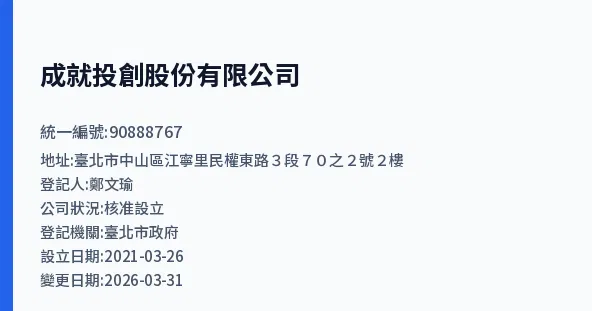 成就投創股份有限公司的照片-統編 90888767(臺北市) 公司登記資料與營業項目詳細圖表