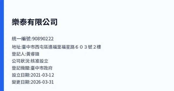 樂泰有限公司的照片-統編 90890222(臺中市) 公司登記資料與營業項目詳細圖表