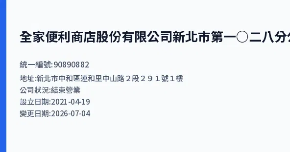 全家便利商店股份有限公司新北市第一○二八分公司的照片-統編 90890882(新北市) 公司登記資料與營業項目詳細圖表