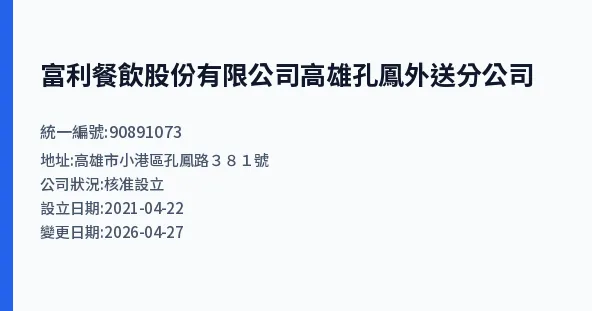 富利餐飲股份有限公司高雄孔鳳外送分公司的照片-統編 90891073(高雄市) 公司登記資料與營業項目詳細圖表