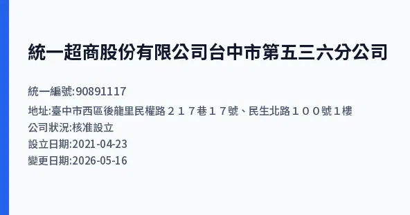統一超商股份有限公司台中市第五三六分公司的照片-統編 90891117(臺中市) 公司登記資料與營業項目詳細圖表