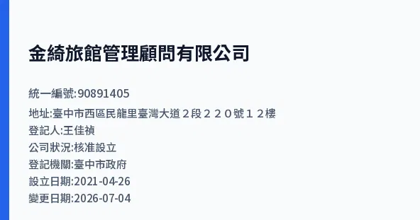 金綺旅館管理顧問有限公司的照片-統編 90891405(臺中市) 公司登記資料與營業項目詳細圖表
