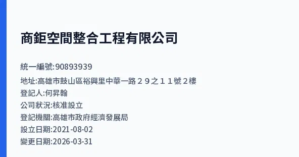 商鉅空間整合工程有限公司的照片-統編 90893939(高雄市) 公司登記資料與營業項目詳細圖表