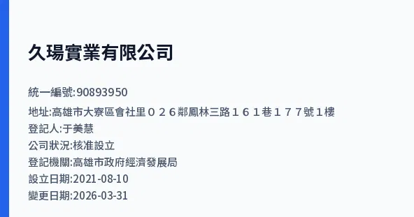 久瑒實業有限公司的照片-統編 90893950(高雄市) 公司登記資料與營業項目詳細圖表