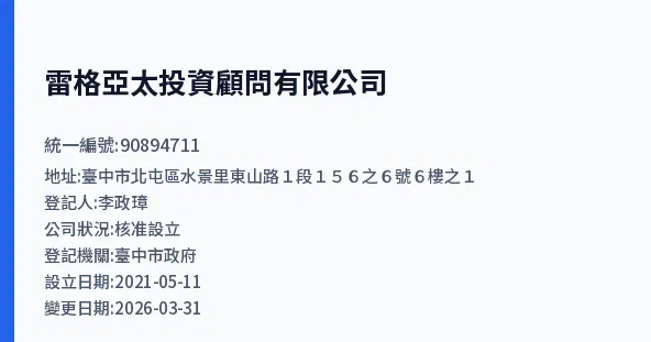 雷格亞太投資顧問有限公司的照片-統編 90894711(臺中市) 公司登記資料與營業項目詳細圖表