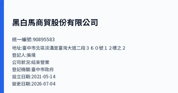 黑白馬商貿股份有限公司的照片-統編 90895583(臺中市) 公司登記資料與營業項目詳細圖表