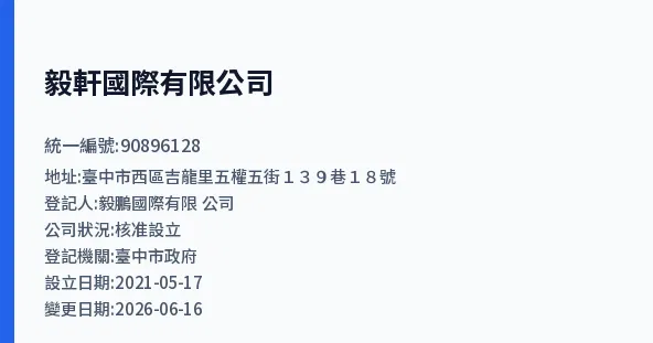 毅軒國際有限公司的照片-統編 90896128(臺中市) 公司登記資料與營業項目詳細圖表