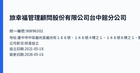 旅幸福管理顧問股份有限公司台中館分公司的照片-統編 90896302(臺中市) 公司登記資料與營業項目詳細圖表