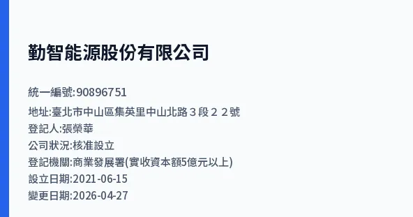 勤智能源股份有限公司的照片-統編 90896751(臺北市) 公司登記資料與營業項目詳細圖表