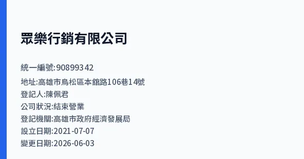 眾樂行銷有限公司的照片-統編 90899342(高雄市) 公司登記資料與營業項目詳細圖表