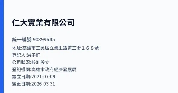 仁大實業有限公司的照片-統編 90899645(高雄市) 公司登記資料與營業項目詳細圖表