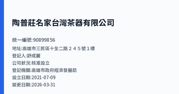 陶普莊名家台灣茶器有限公司的照片-統編 90899856(高雄市) 公司登記資料與營業項目詳細圖表