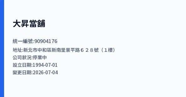 大昇當舖的照片-統編 90904176(新北市) 公司登記資料與營業項目詳細圖表
