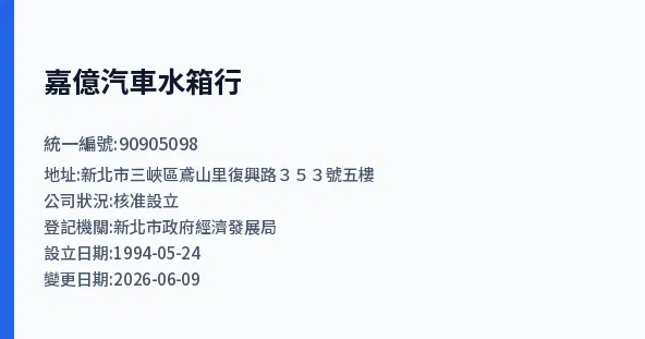 嘉億汽車水箱行的照片-統編 90905098(新北市) 公司登記資料與營業項目詳細圖表