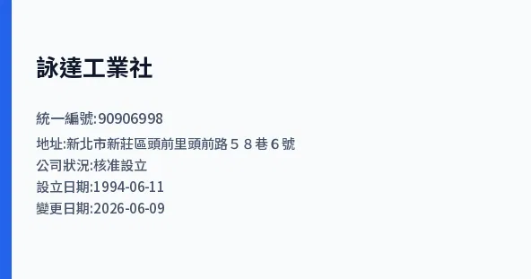 詠達工業社的照片-統編 90906998(新北市) 公司登記資料與營業項目詳細圖表