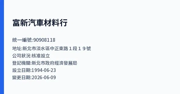 富新汽車材料行的照片-統編 90908118(新北市) 公司登記資料與營業項目詳細圖表