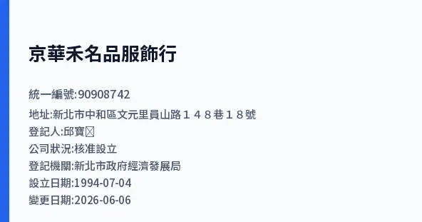 京華禾名品服飾行的照片-統編 90908742(新北市) 公司登記資料與營業項目詳細圖表