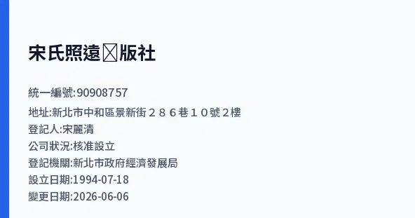 宋氏照遠岀版社的照片-統編 90908757(新北市) 公司登記資料與營業項目詳細圖表